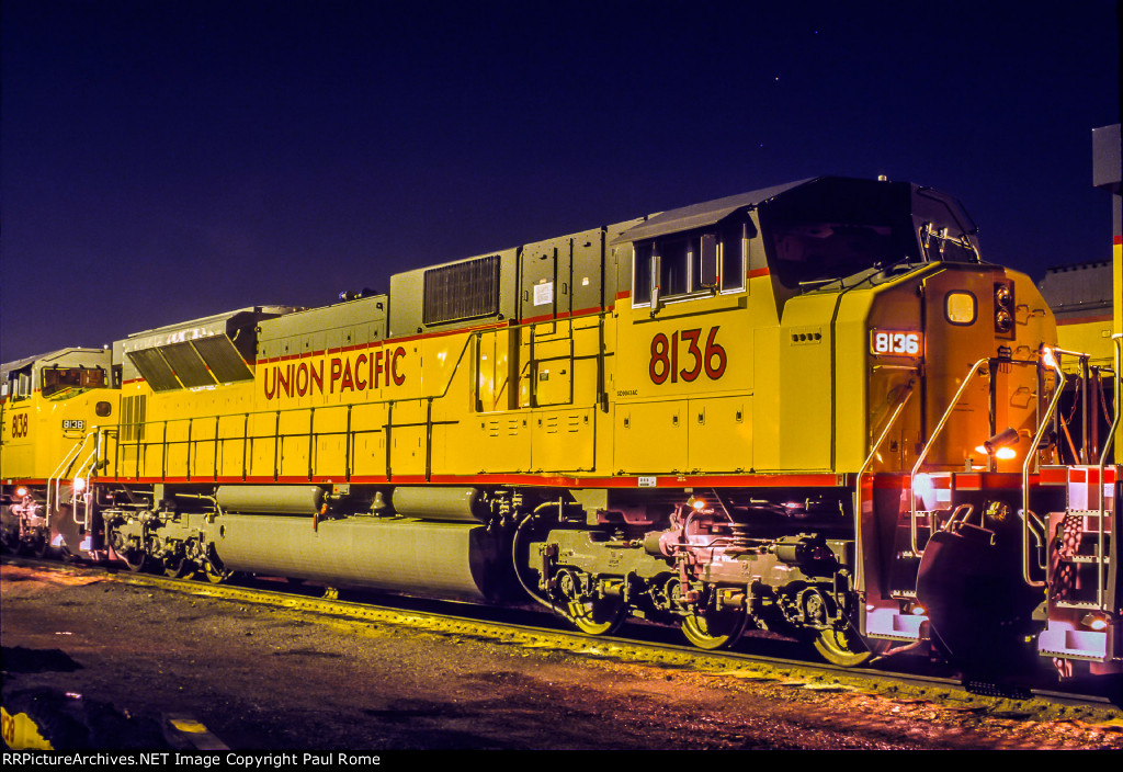 UP 8136, 8138, EMD SD9043MAC, two New MAC's just arrived at the Proviso Diesel Shop